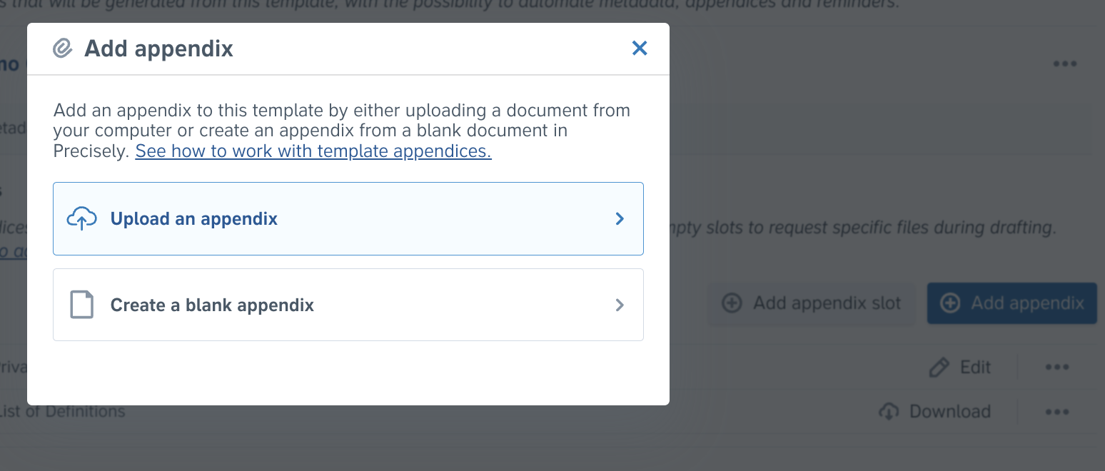 How do I add appendices to a template or a document?