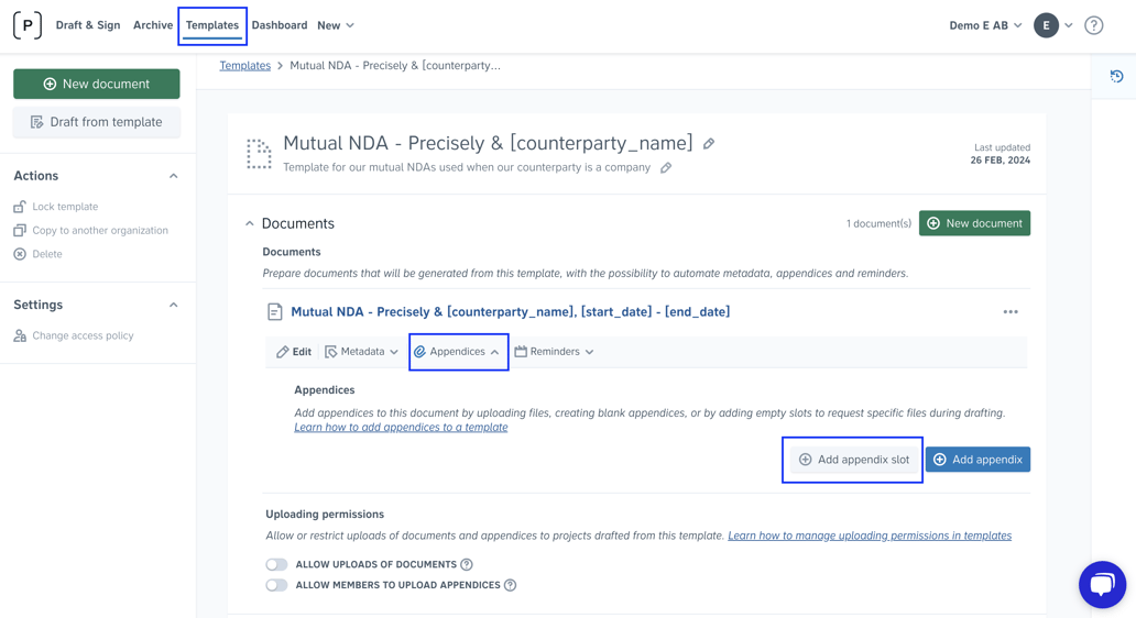 How do I add appendices to a template or a document?
