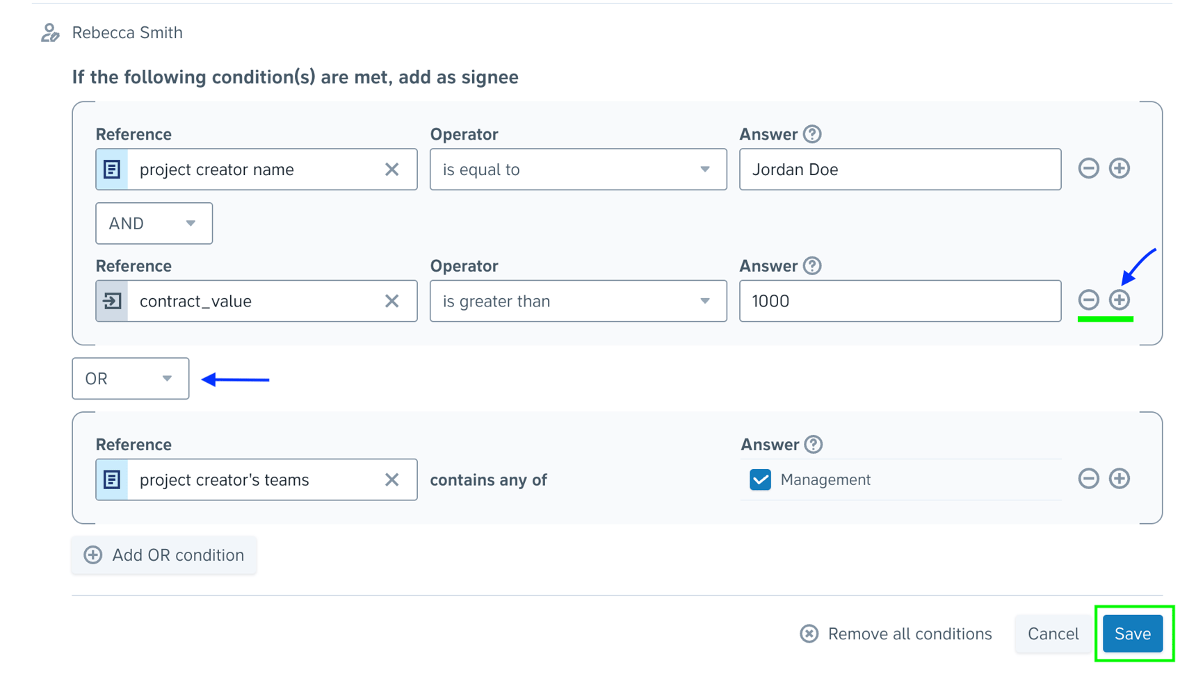 How do I add a conditional signee to a template?